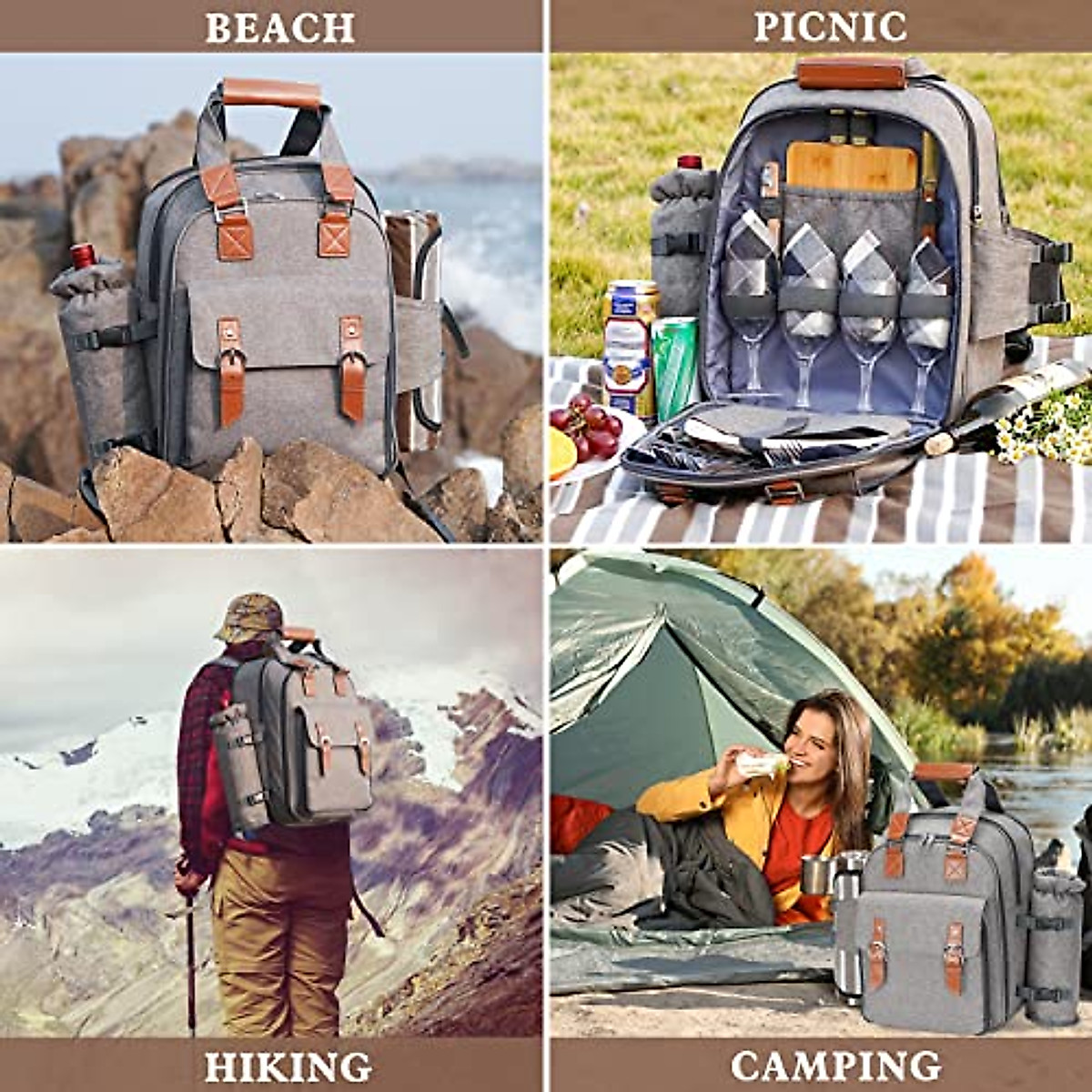 Picnic Backpack for 4 Person with Blanket, Picnic Bag Set with Cooler Compartment, Insulated Waterproof Pouch, Detachable Bottle/Wine Holder for Family Outdoor Camping, Beach, Day Travel, Hiking, BBQs