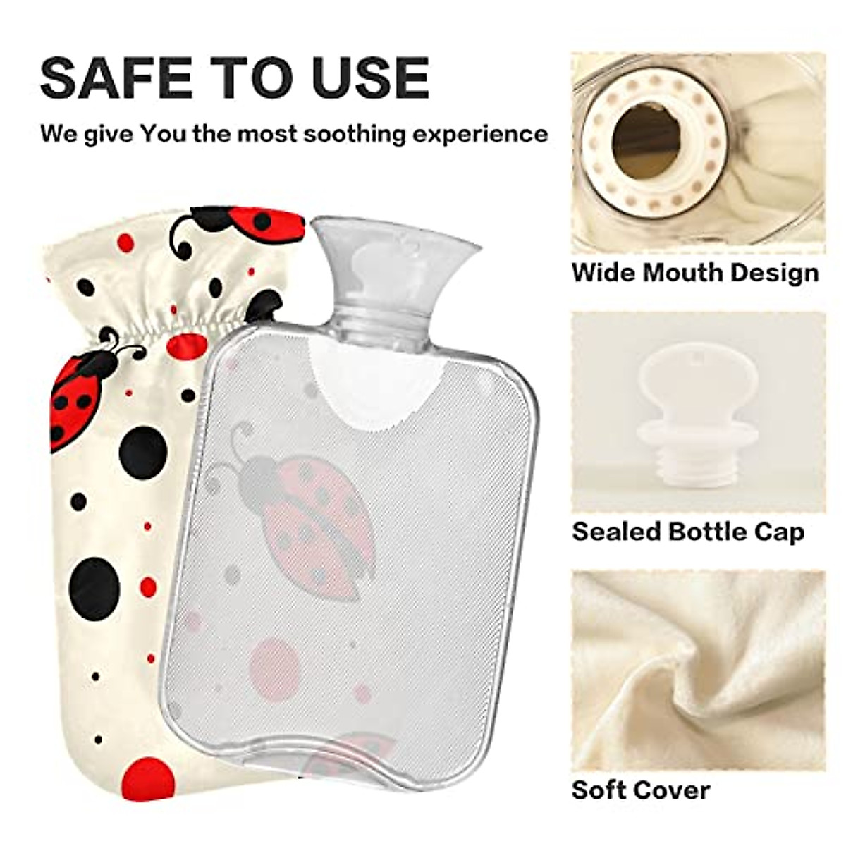 Ladybugs Dots BAP Free Hot Water Bottle with Cover 2L Large Warm Water Bag for Pain Relief Bed Hand & Feet