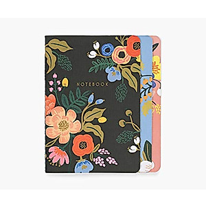 RIFLE PAPER CO. Lively Floral Stitched Notebook Set, Set Of 3 Notebooks, 64 Ruled Pages With Gold Ink, Canvas Paper Cover With White Text Paper Interior