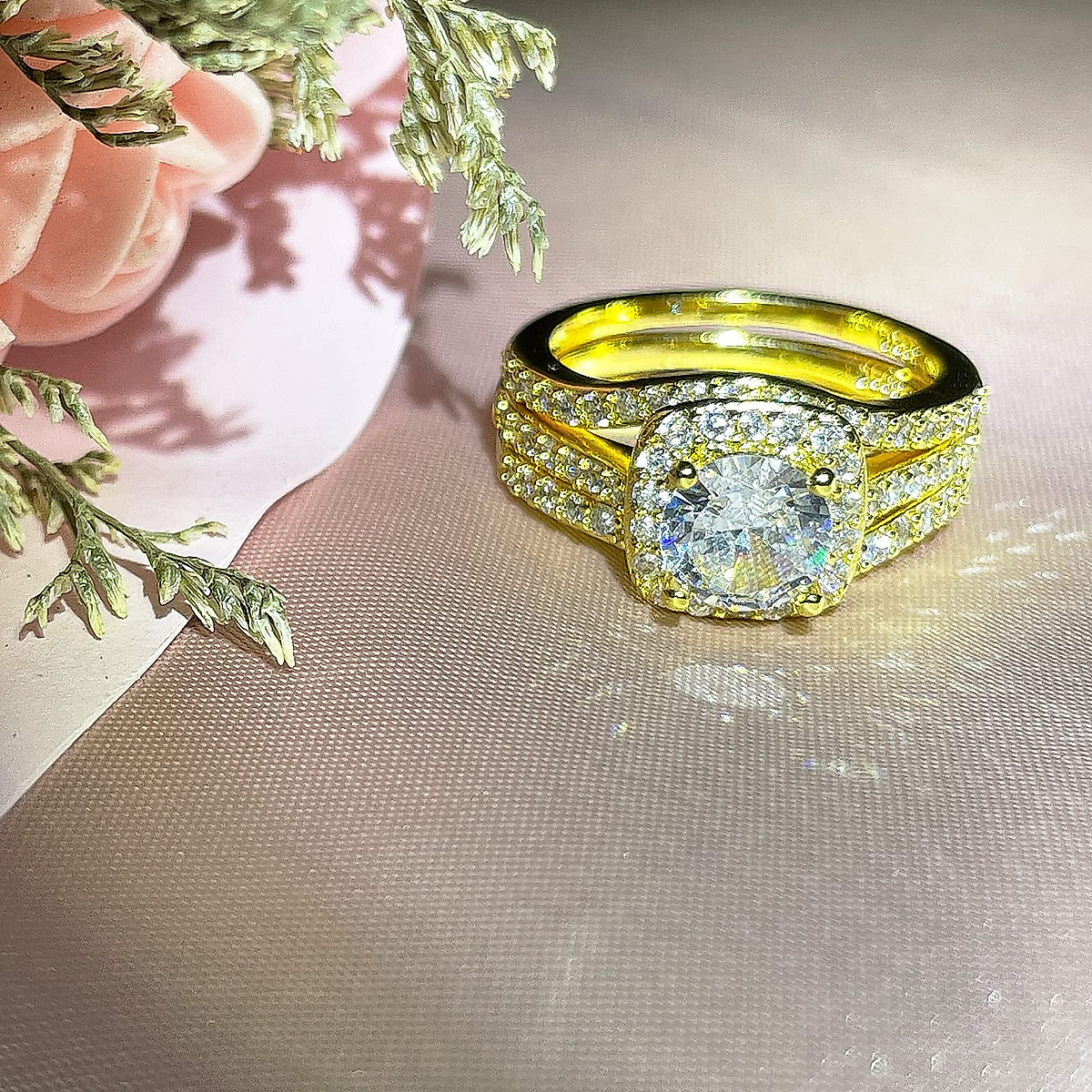 YOYEEWYNS 18K Gold Plated Anniversary Rings Engagement Wedding Band for Women Three-in-One Halo Cubic Zirconia Bridal Set Size 7