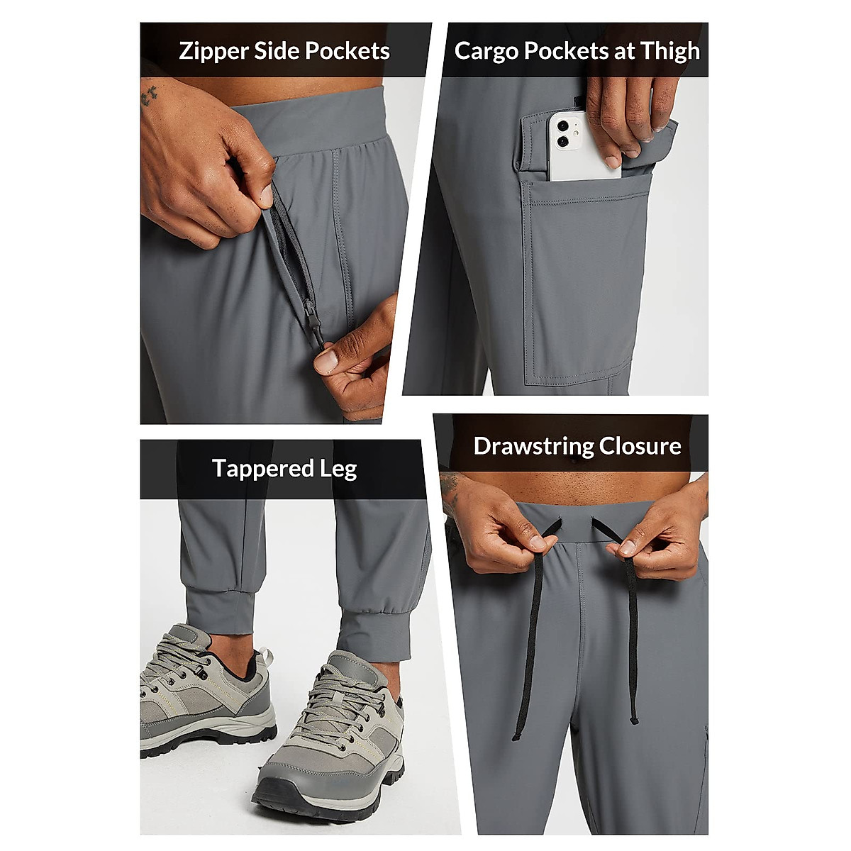BALEAF Men's Lightweight Joggers Quick Dry Cargo Pants UPF 50+ Stretch Jogger Pants Hiking Outdoor Running Track Workout Grey L
