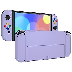 eXtremeRate Light Violet Soft Touch Full Set Shell for Nintendo Switch OLED, Replacement Console Back Plate&Metal Kickstand, NS Joycon Handheld Controller Housing & Buttons for Nintendo Switch OLED