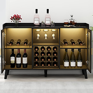 Gyfimoie Modern Wine Bar Cabinet with LED Light, Home Coffee Cabinet w Wine Rack and Glass Holder, Kitchen Sideboard Buffet Cabinet w Storage Shelf, Freestanding Liquor Cabinet w Glass Door (Black)