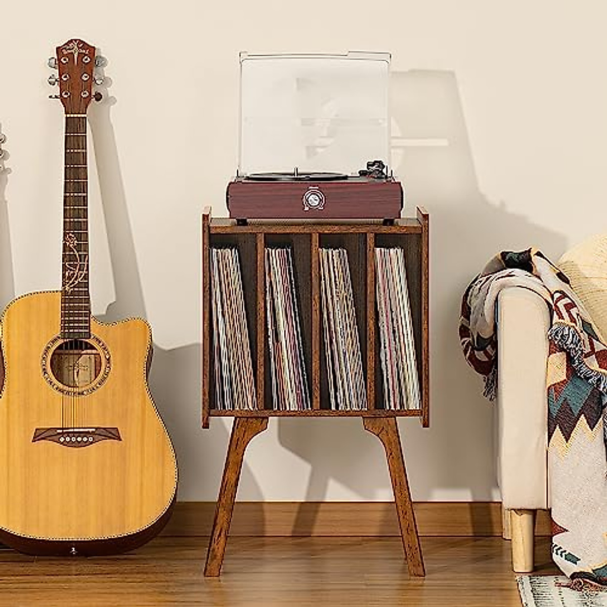 LELELINKY Record Player Stand, Brown Record Storage Table with 4 Cabinet Up to 100 Albums (Patented)