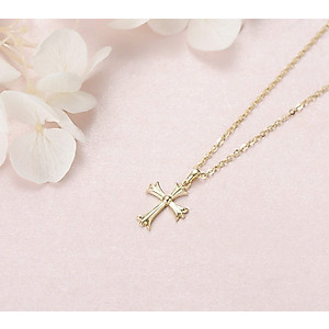 FANCIME SOLID REAL 14K Yellow Gold SMALL TINY Little Cute Embossed Cross Crucifix Delicate Necklace Dainty Pendant Fine Jewelry For Women, With 16+2" Solid Gold Cable Chain