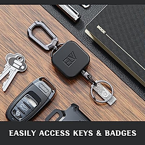 ELV Retractable ID Badge Holder, Heavy Duty Metal Body and Dyneema Cord, Carabiner Key Chain Metal Keychain with Belt Clip and 31 inch Wire Extension, Hold Up to 15 Keys and Tools
