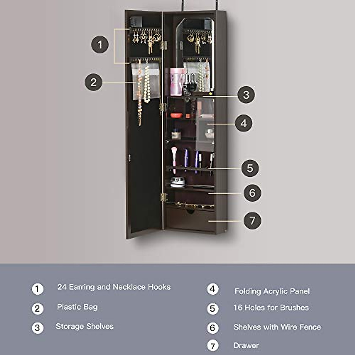 HOMCOM Jewelry Armoire with Mirror and 18 LED Lights, Wall-Mounted/Over-The-Door Cabinet with 3 Mountable Heights, Dark Walnut