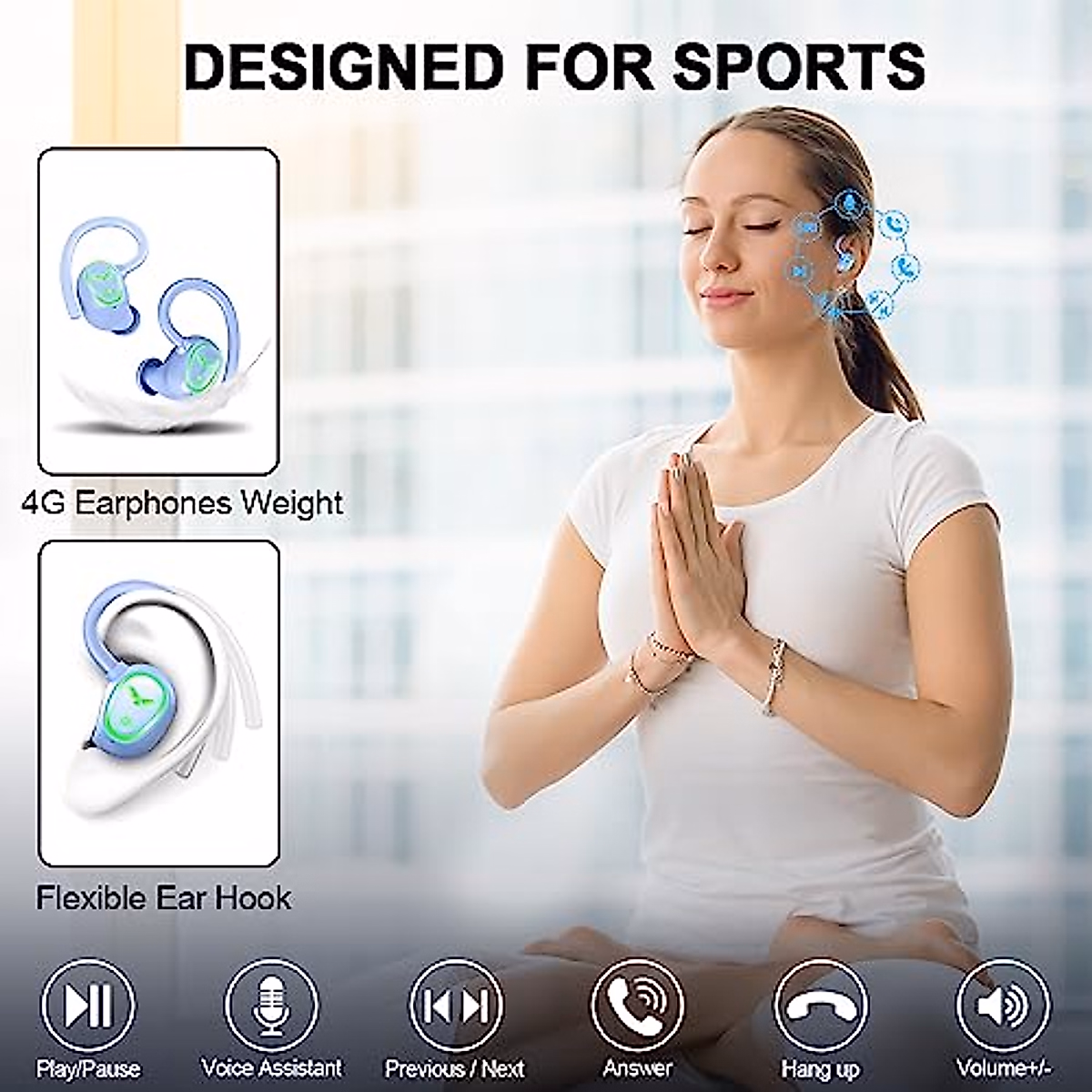 Wireless Earbud Bluetooth 5.3 Headphones Sport Earphones in Ear 48H Playback Stereo Noise Cancelling Earbud with Dual Mic LED Display, Over-Ear Earhooks Ear Buds IP7 Waterproof Headset for Running Gym