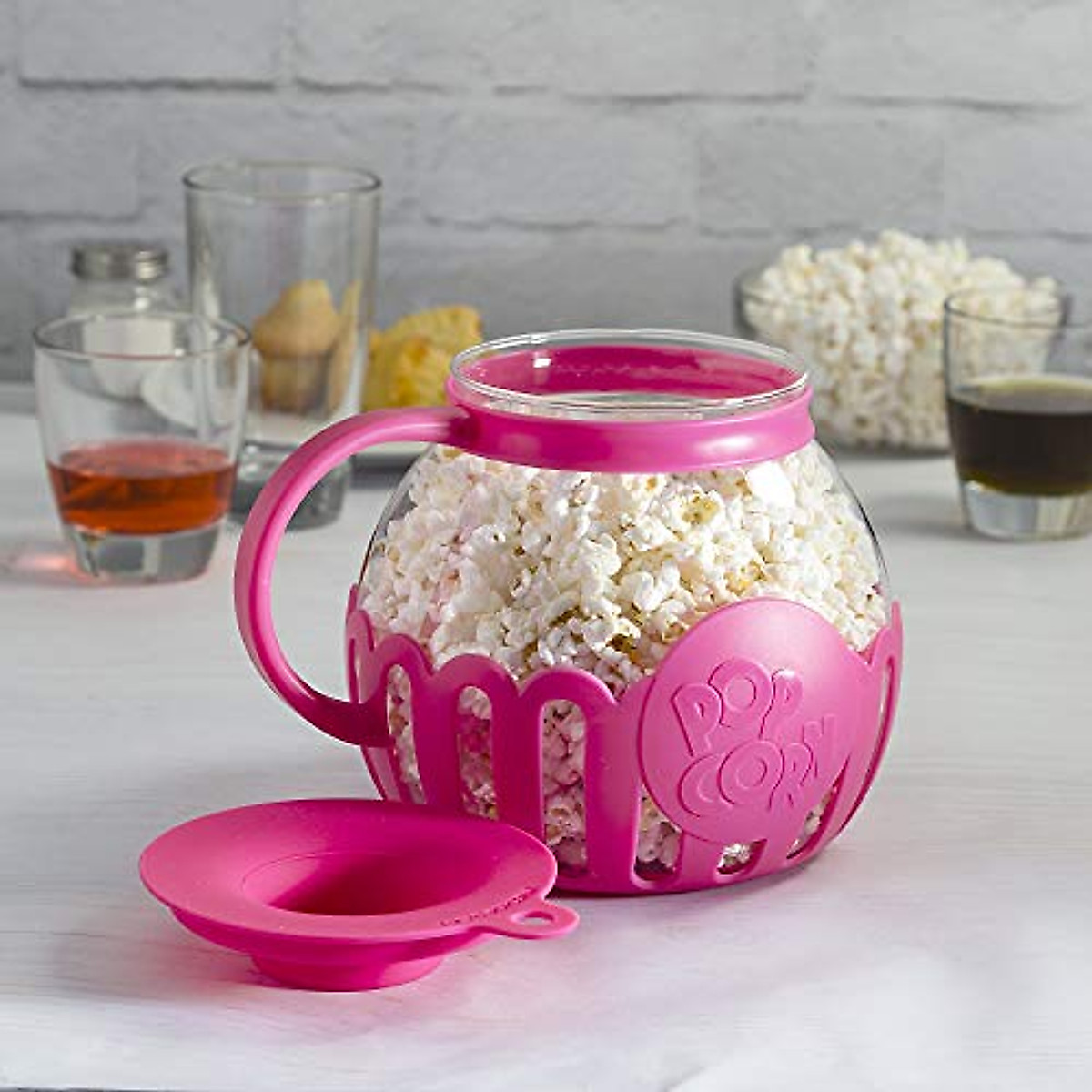 Ecolution Patented Micro-Pop Microwave Popcorn Popper with Temperature Safe Glass, 3-in-1 Lid Measures Kernels and Melts Butter, Made Without BPA, Dishwasher Safe, 3-Quart, Hot Pink