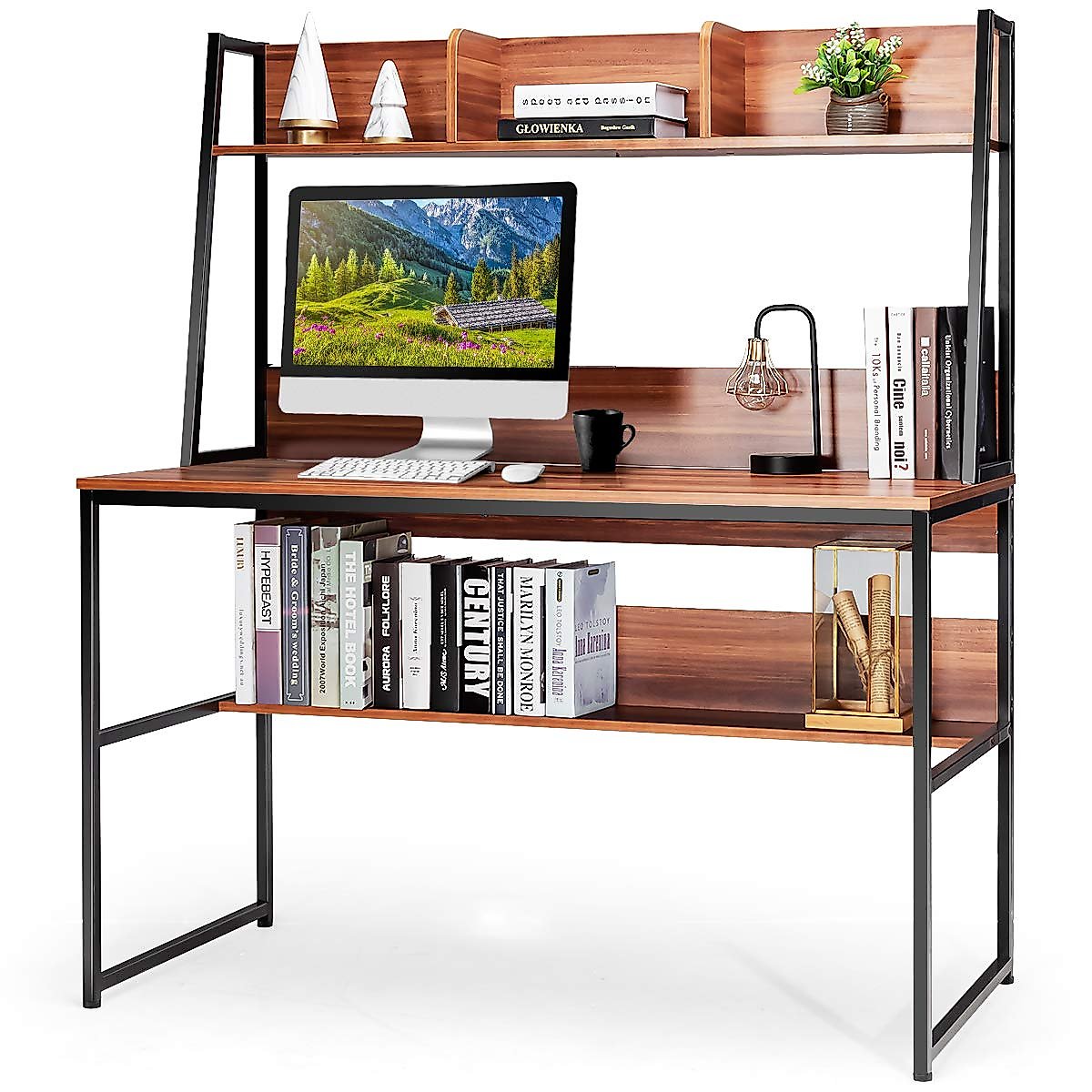 Tangkula Computer Desk with Hutch & Bookshelf, 47 Inches Space Saving Writing Study Table Home Office Desk, PC Laptop Table Workstation with w/ 3 Open Storage Space & Bottom Bookshelf (Brown)