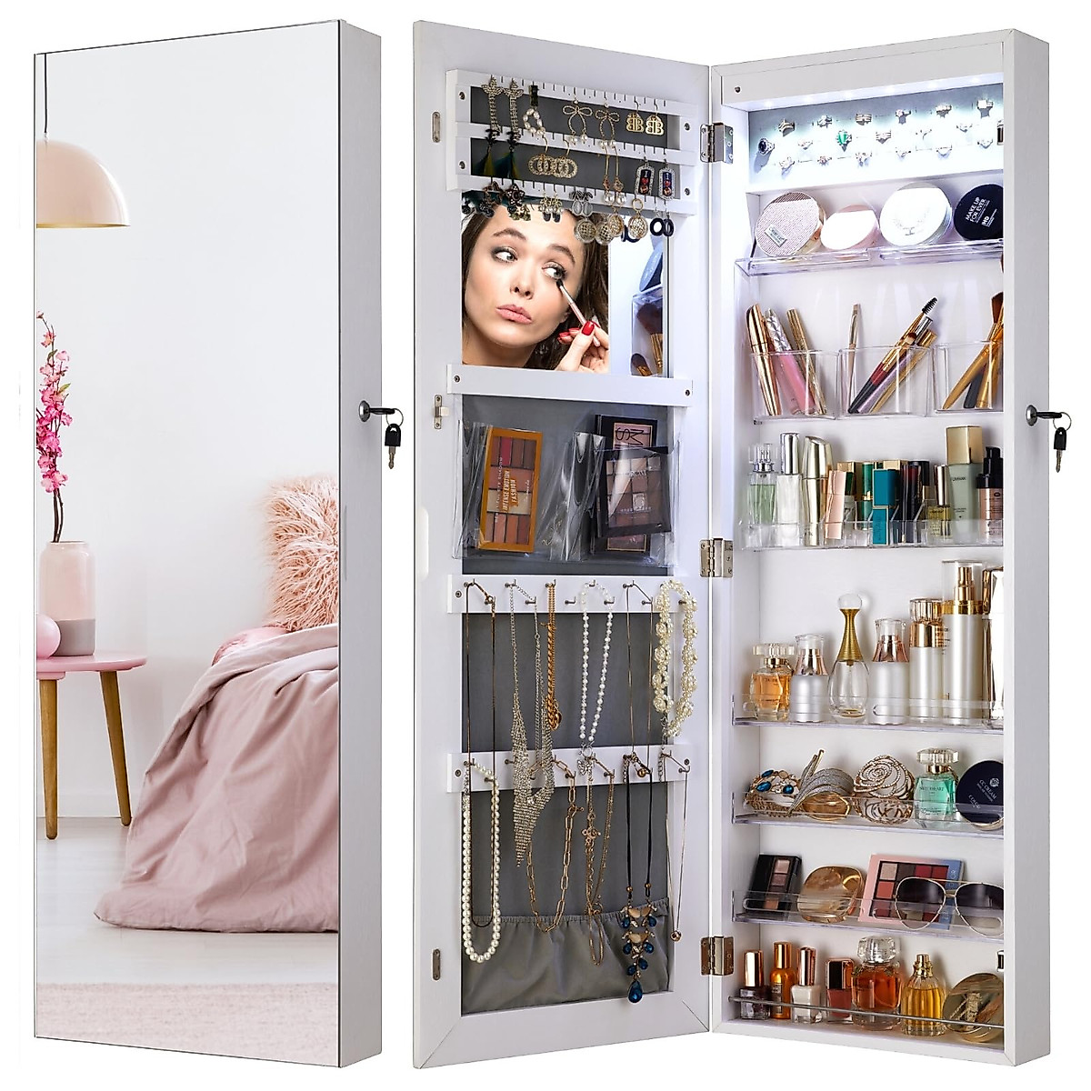 YOKUKINA LED Mirror Jewelry Armoire Wall & Door Mounted - Full length mirror jewelery cabinet w/Large Lockable Mirror Organizers and Storage