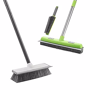 Rubber Broom with Squeegee for Carpet Pet Hair Remover and Floor Scrub Brush with 58" Long Handle,Brush for Cleaning Bathroom,Patio,Hardwood Floor