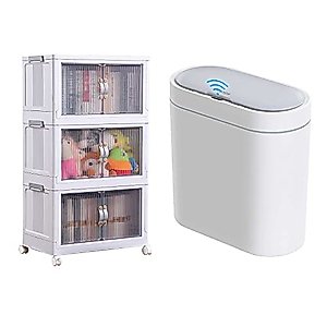 JOYBOS 3 Pack Stackable Storage Bins with Lids and Bathroom Sensor Trash Can