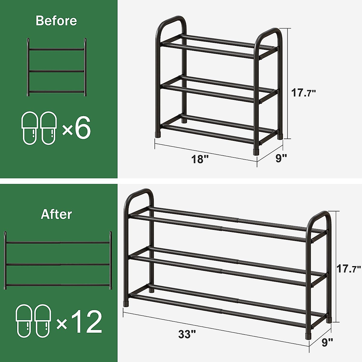 kiplant Shoe Rack for Closet, 3-Tier Expandable Shoe Organizer for Closet, Metal Adjustable Black Shoe Shelf Storage Organizer, Free Standing Shoe Rack for Entryway Closet Doorway
