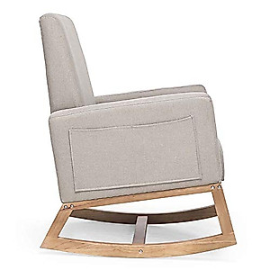 Paddie Rocking Chair Nursery Fabric Rocking Sofa Armchair with Solid Wood Base, Side Pocket, Linen Fabric Upholstered Baby Rocking Chair for Living Room (Beige)