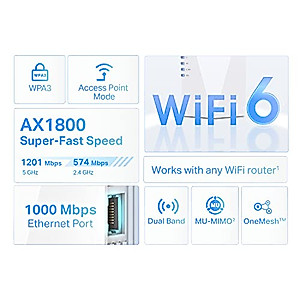 TP-Link AX1800 WiFi 6 Extender Internet Booster, Covers up to 1500 sq.ft and 30 Devices, Dual Band Wireless Signal Booster Repeater, Gigabit Ethernet Port, AP Mode, OneMesh Compatible(RE600X)