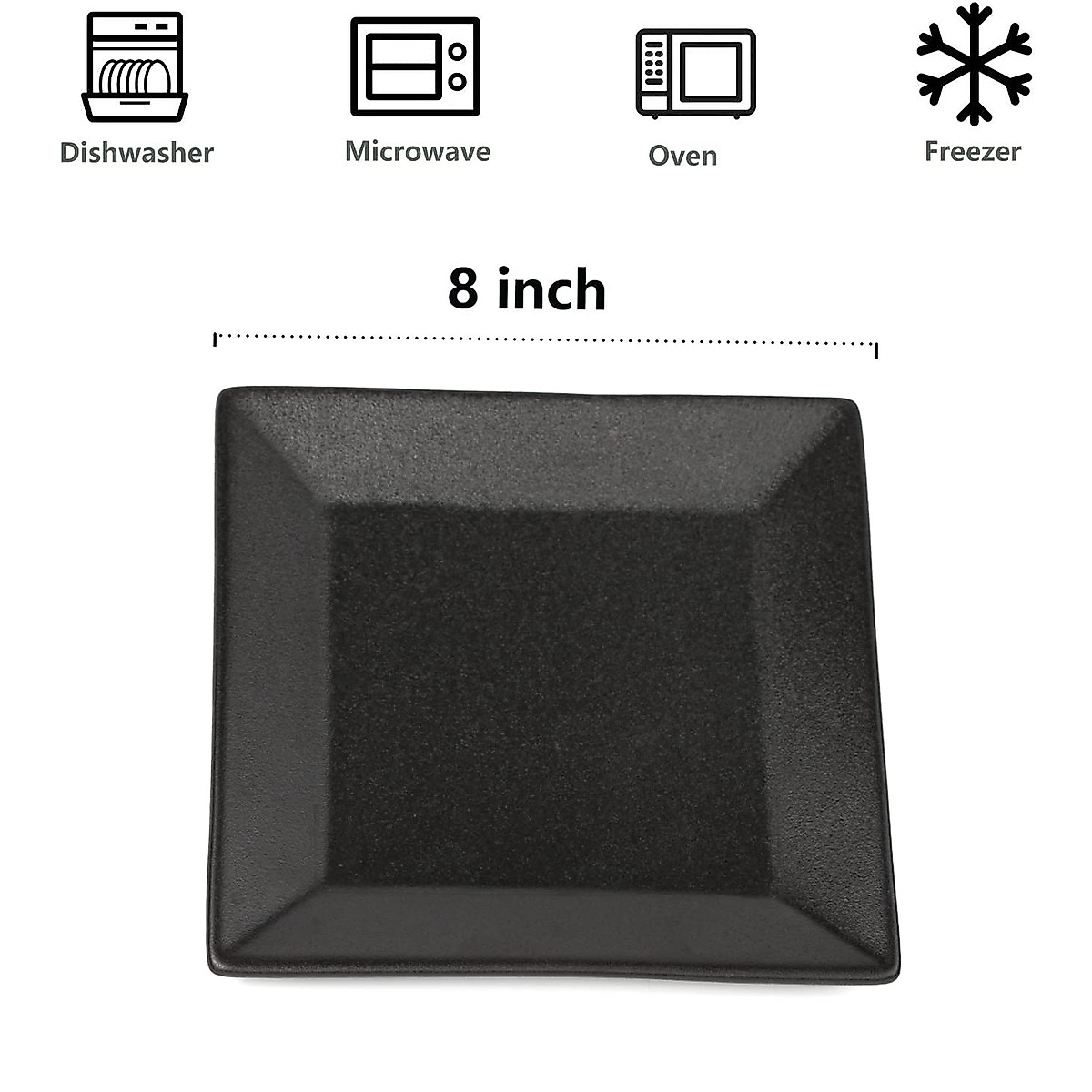 vicrays Ceramic Square Dinner Plates Set 8 inch Porcelain Serving Plates for Salad Dessert Appetizer Bread - Set of 4 - Black