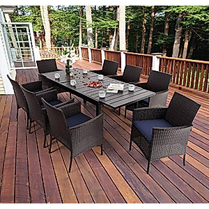 PHI VILLA 9 Piece Outdoor Dining Table Sets, Expandable Rectangular Metal Dining Table and 8 Rattan Chairs for Patio, Deck, Balcony