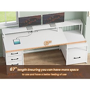 SEDETA White Computer Desk with 5 Drawer & Power Outlet, 66'' Home Office Desk with File Drawer, Storage Shelves, Printer Cabinet and Monitor Shelf, Gaming Desk with Led Lights