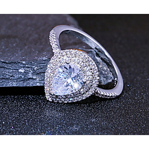 Yaya 925 Silver Classic Bridal Double Layer Drop-Shaped Zircon Ring Teardrop Halo Pear Cut Cubic Zirconia CZ Engagement Wedding Ring for Women (9#)