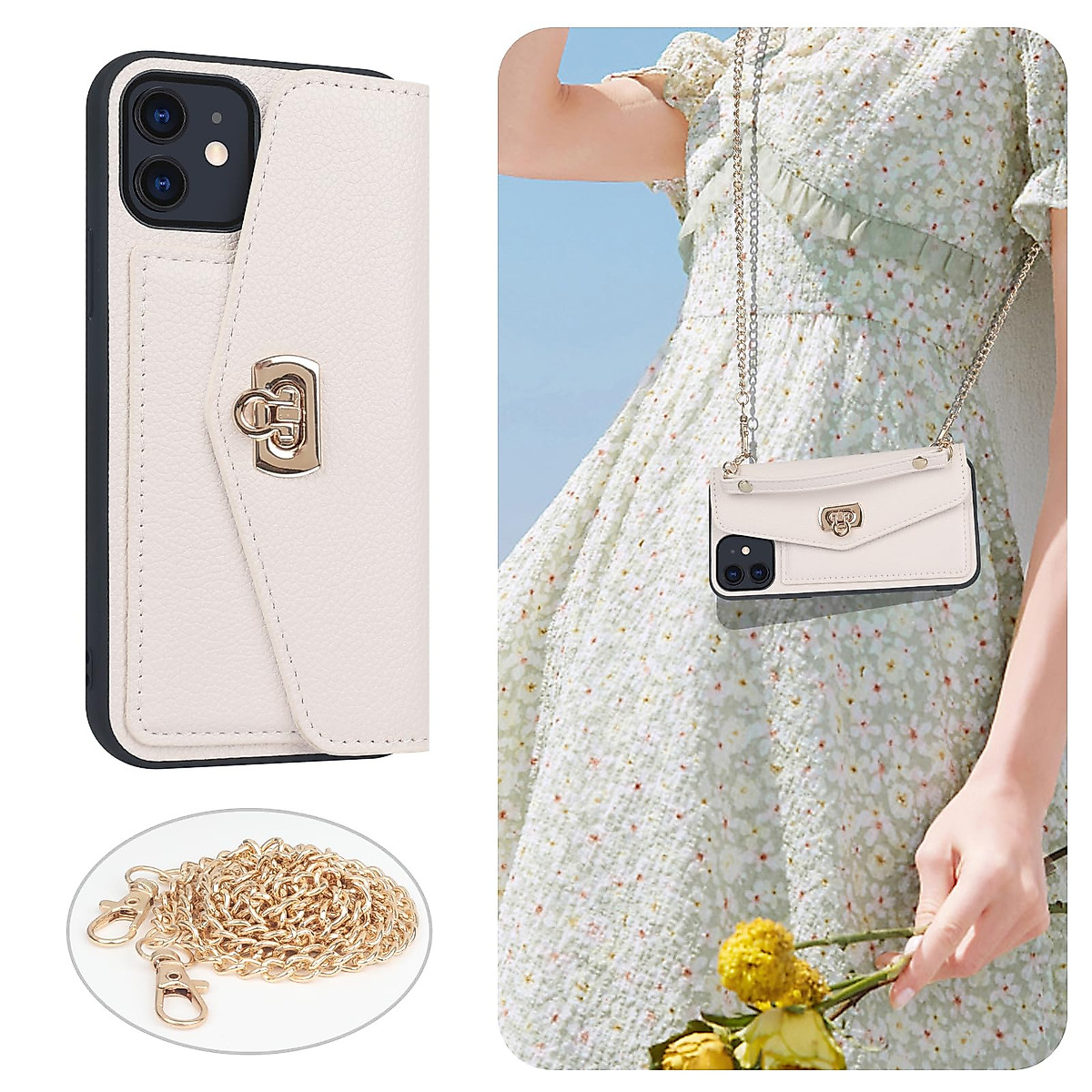 LUVI Compatible with iPhone 13 Case with Card Holder Wallet for Women with Crossbody Neck Strap Lanyard Purse Handbag Shoulder Strap PU Leather Luxury Fashion 3D Crocodile Snake Skin Case White