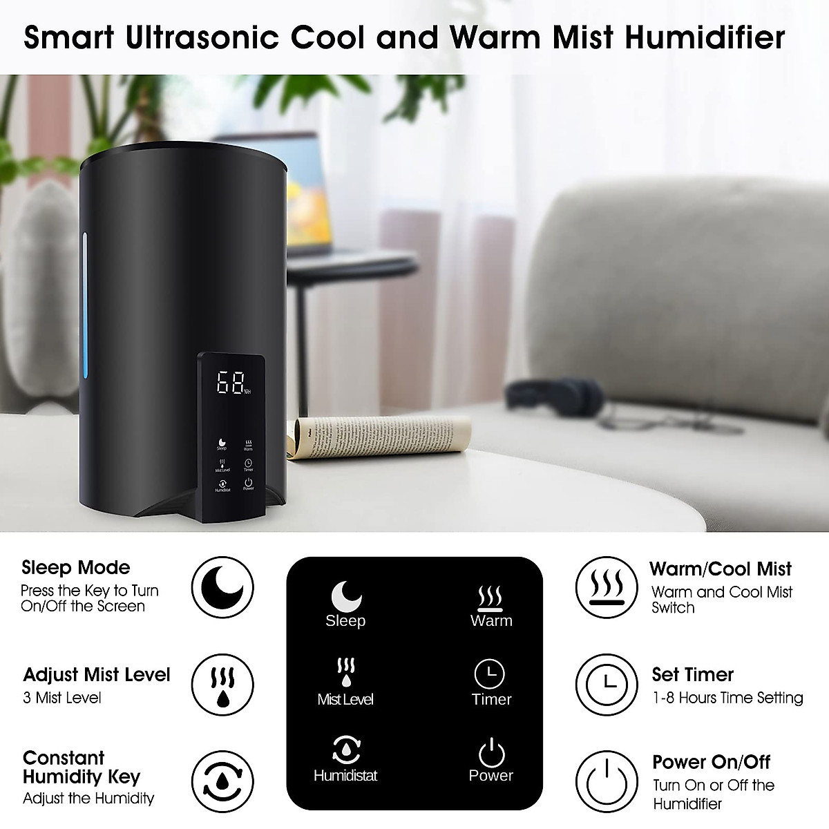Cool and Warm Humidifiers for Bedroom Large Room, Top Fill 4.5L Quiet Smart Ultrasonic Humidifier for Babies Nursery, Plants & Whole House Built-in Humidity Sensor Essential Oil Diffuser 360°Nozzle
