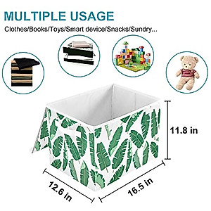 CaTaKu Green Banana Leaves Storage Bins with Lids and Handles, Fabric Large Storage Container Cube Basket with Lid Decorative Storage Boxes for Organizing Clothes
