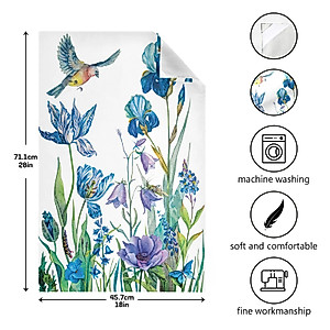 SLHKPNS Spring Blue Bird Flowers Kitchen Dish Towel Set of 4,Floral Summer Leaves 18x28in Absorbent Dishcloth Reusable Cleaning Cloths for Household Use