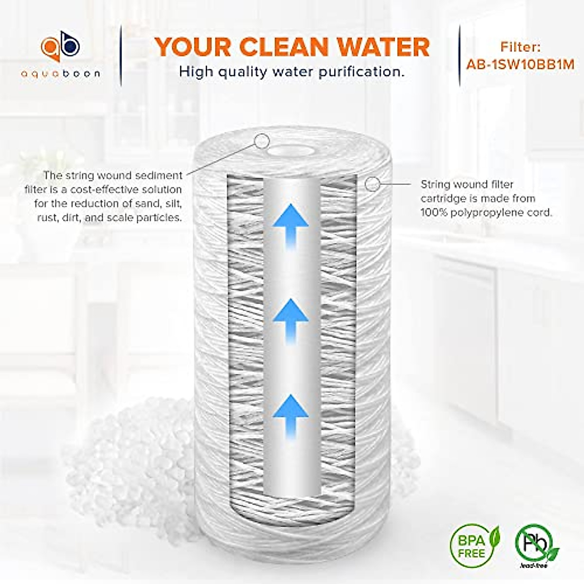 Aquaboon 1 Micron 10" x 4.5" String Wound Sediment Water Filter Cartridge | Whole House Sediment Filtration | Compatible with 84637, WPX5BB97P, PC10, 355214-45, 355215-45, WP10BB97P WP5BB97P 6-Pack
