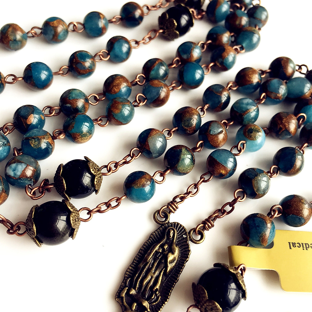 elegantmedical Football STONE bead Black Obsidian Our Lady Of Guadalupe Medal Rosary Jesus Christ Cross CRUCIFIX CATHOLIC NECKLACE