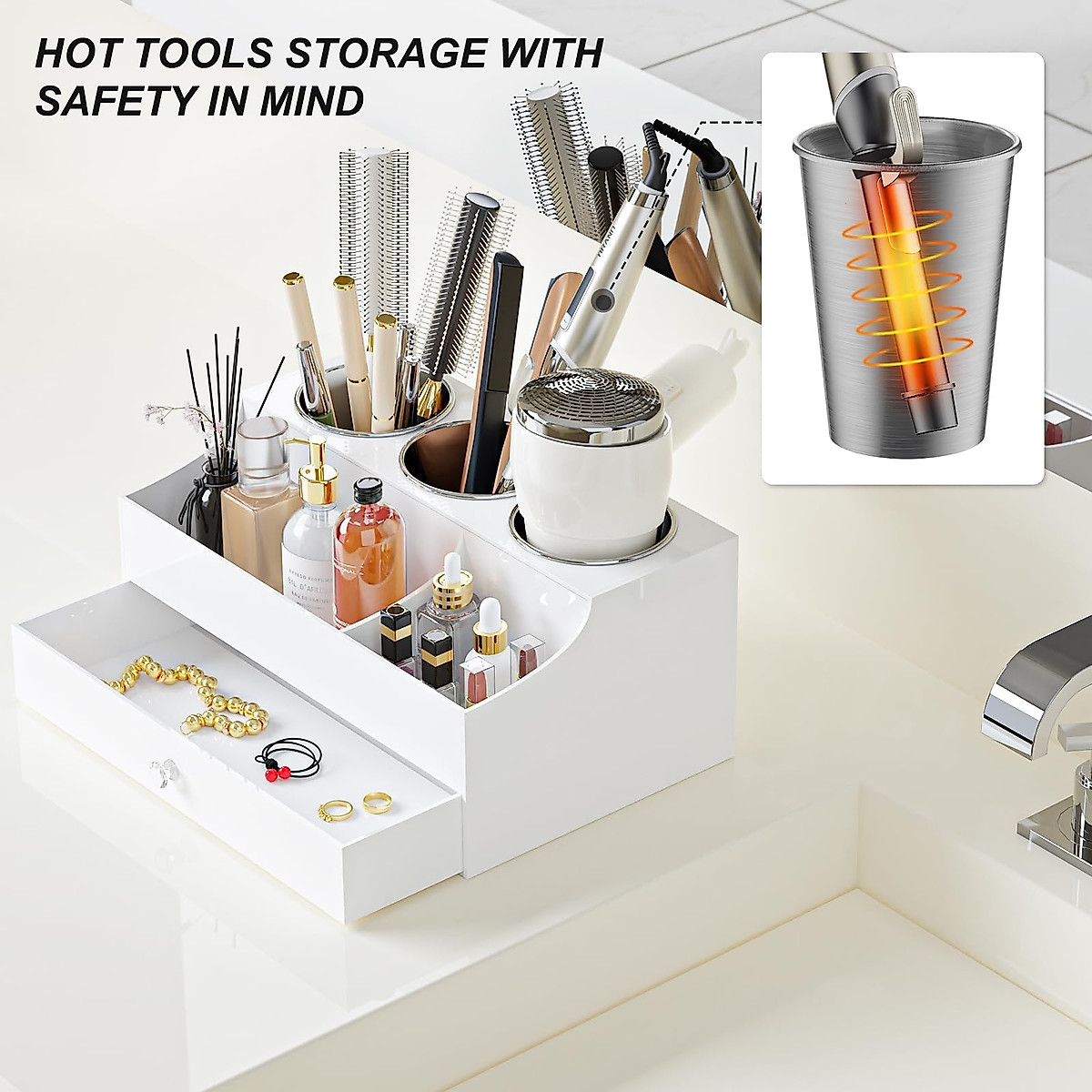 Messmenos Hair Tool Organizer, Acrylic Hair Blow Dryer Holder Stand for Straightener and Curling Storage, Bathroom Vanity Countertop Organization for Makeup Accessories (White)