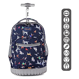Tilami Rolling Backpack, 18 inch Shoulder Drop, Concealed Pockets and Wheel Cover, Roller Backpack for Boys and Girls (Dog Blue)
