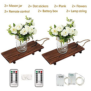 AerWo 2Pcs Mason Jar Sconces Wall Decor, Handmade Rustic Wall Sconces with LED Fairy Lights and Flowers, Hanging Mason Jar for Farmhouse Kitchen Decorations Wall Decor Living Room Lights