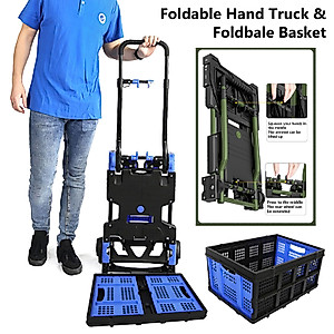 Folding Hand Truck and Dolly Cart Heavy Duty 330lb Load Carrying Portable 2 in 1 Convertible Hand Truck with 4 Rubber Wheels 2 Bungee Cords for Traveling,Office Use,Travel (Hand Truck with Basket)