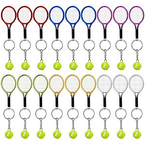 AUHOKY 18Pcs Mini Tennis Racket Keychain Key Ring, Fashionable Alloy Tennis Ball Split Ring, Sport Style Split Keychain for Sport Lovers Team - Exquisite & Lightweight(6 Colors)