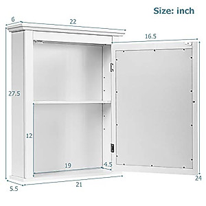 DORTALA Mirrored Bathroom Cabinet, Wall Mount Wooden Medicine Storage Cabinet w/Single Door & Adjustable Shelf, Multipurpose Home Organizer for Hallway Living Room Bedroom, White