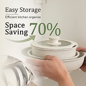 CAROTE Nonstick Cookware Sets, Non Stick Pots and Pans Set Detachable Handle, Kitchen Cookware Sets with Removable Handle, Stackable RV Cookware for Campers, Dishwasher/Oven Safe (White 5 PCS)