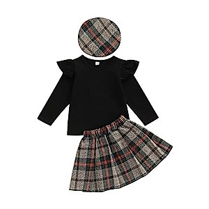 WYOUKID 1-6T Toddler Baby Girls Autumn Outfit Long Sleeve Shirt Tops+Plaid A-Line Skirt+Hat 3Pcs Spring Winter Clothing (Black, 4-5T), WYOUKID-Baby-20
