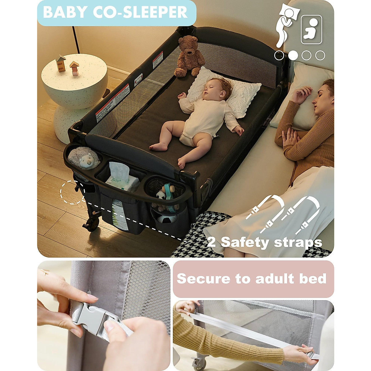 AirClub Baby 4 in 1 Bassinet Bedside Sleeper, Baby Bedside Crib Sleeper, Playard, Portable Diaper Changing Table, Baby Bassinet for Newborn Baby