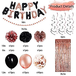 78 Pack Black Rose Gold Birthday Party Decoration Kit, Black Rose Gold Confetti Balloons, Curtains, Paper Flowers, Hanging Swirl and Circle Dot Garland for Girl Women Birthday Party Supplies