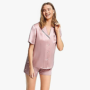 LilySilk Women's Silk Pajamas Short Sleeve Sleepwear Button Down 19 Momme 100% Mulberry Silk Two Piece Pajama Set Rosy Pink S
