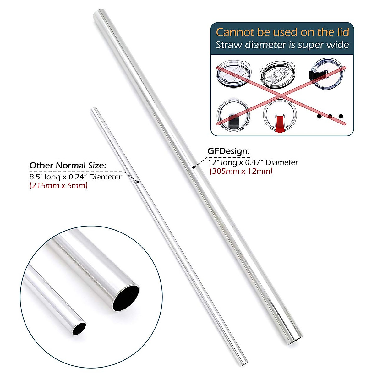 Super Big Drinking Straws Set 12" Extra Long 1/2" Extra Wide Reusable 304 Food-Grade 18/8 Stainless Steel for Frozen Drinks Boba Bubble Tea Smoothies and Shakes - Set of 4 with 2 Cleaning Brushes