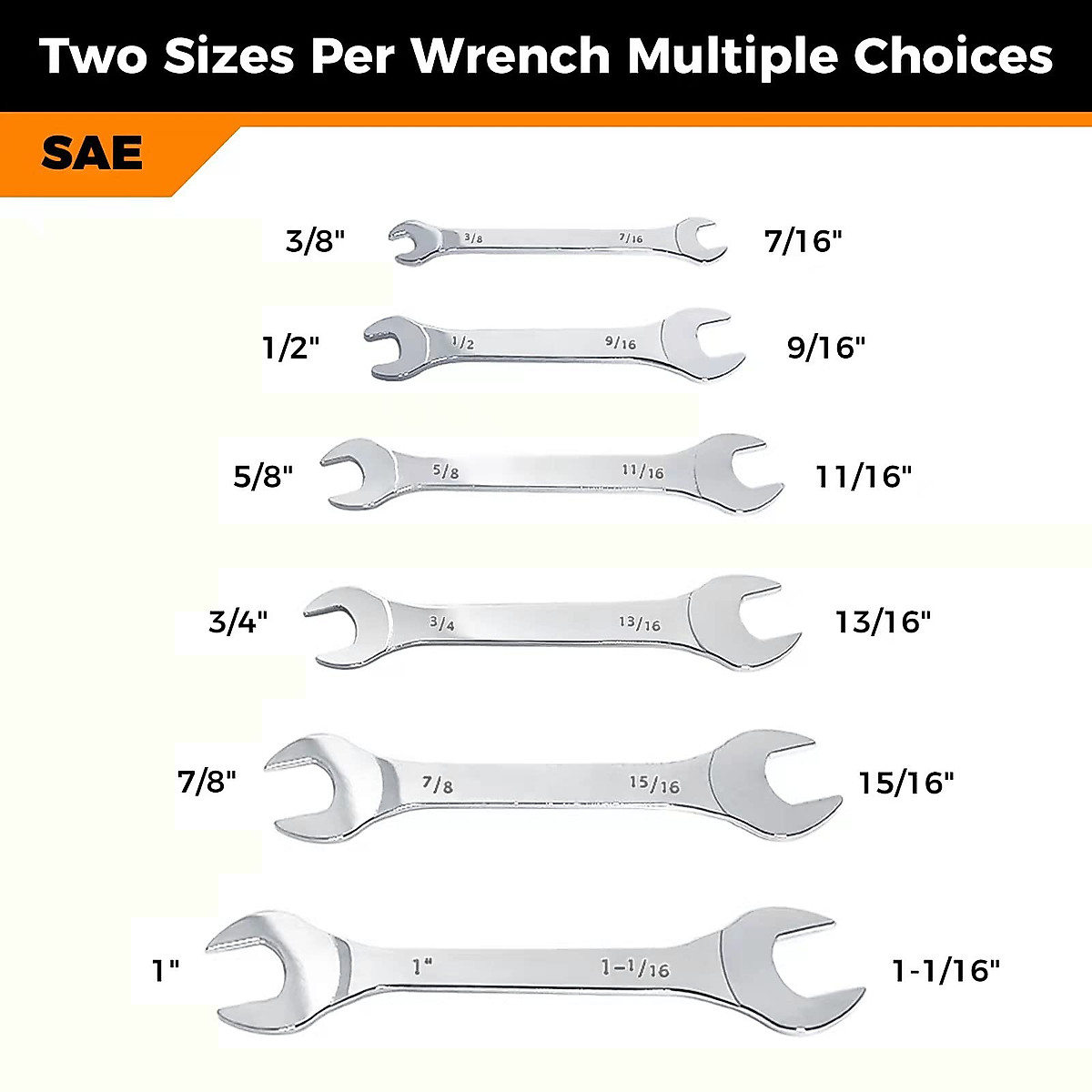 Der Erwachte Super-Thin Open End Wrench Set, SAE, 6-Piece, Including 3/8", 7/16", 1/2", 9/16", 5/8"，11/16", 3/4", 13/16", 7/8", 15/16", 1", 1-1/16", Slim Wrench Set with Rolling Pouch