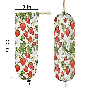 Strawberry Leaves Plastic Bag Holder, Strawberry Flowers Wall Mount Plastic Bag Organizer with Drawstring Grocery Shopping Bags Storage Dispenser for Home Kitchen Farmhouse Decor, 22X9 Inch