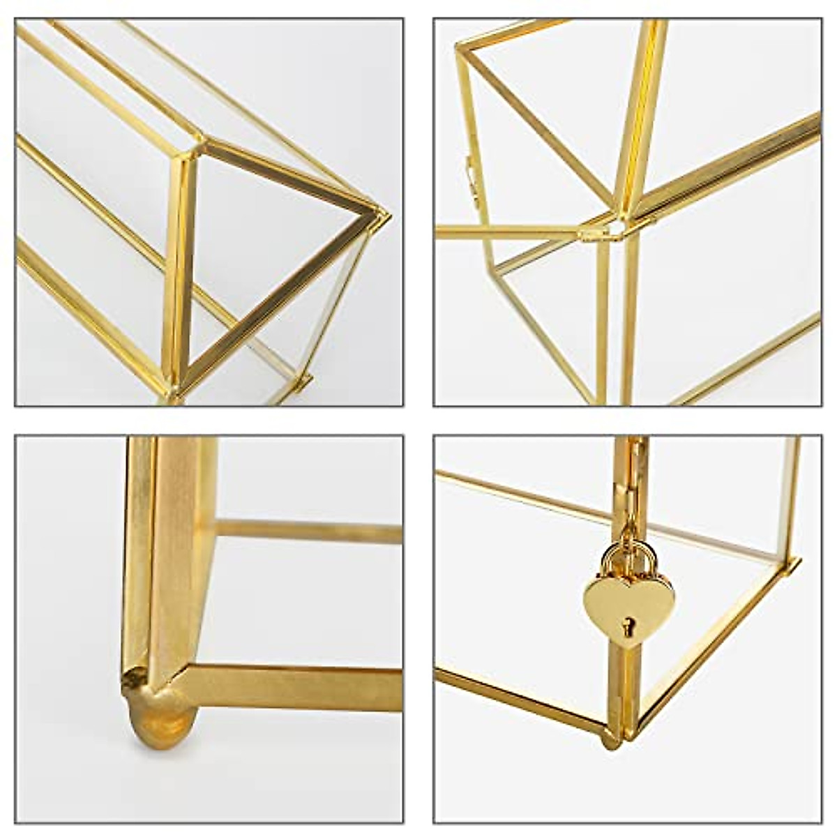 REDHUGO 12.6x5.9x9 inches Large Glass Card Box Handmade with Slot and Lock, Wedding Card Boxes for Reception, Graduation, Gift Cards, Party, Brass Geometric Terrarium, Golden Decorative Box