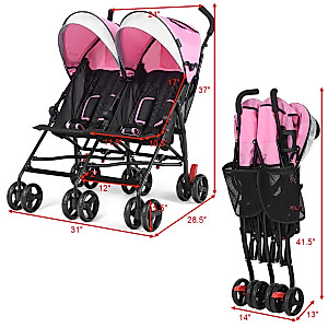 BABY JOY Double Light-Weight Stroller, Travel Foldable Design, Twin Umbrella Stroller with 5-Point Harness, Cup Holder, Sun Canopy for Baby, Toddlers (Pink)