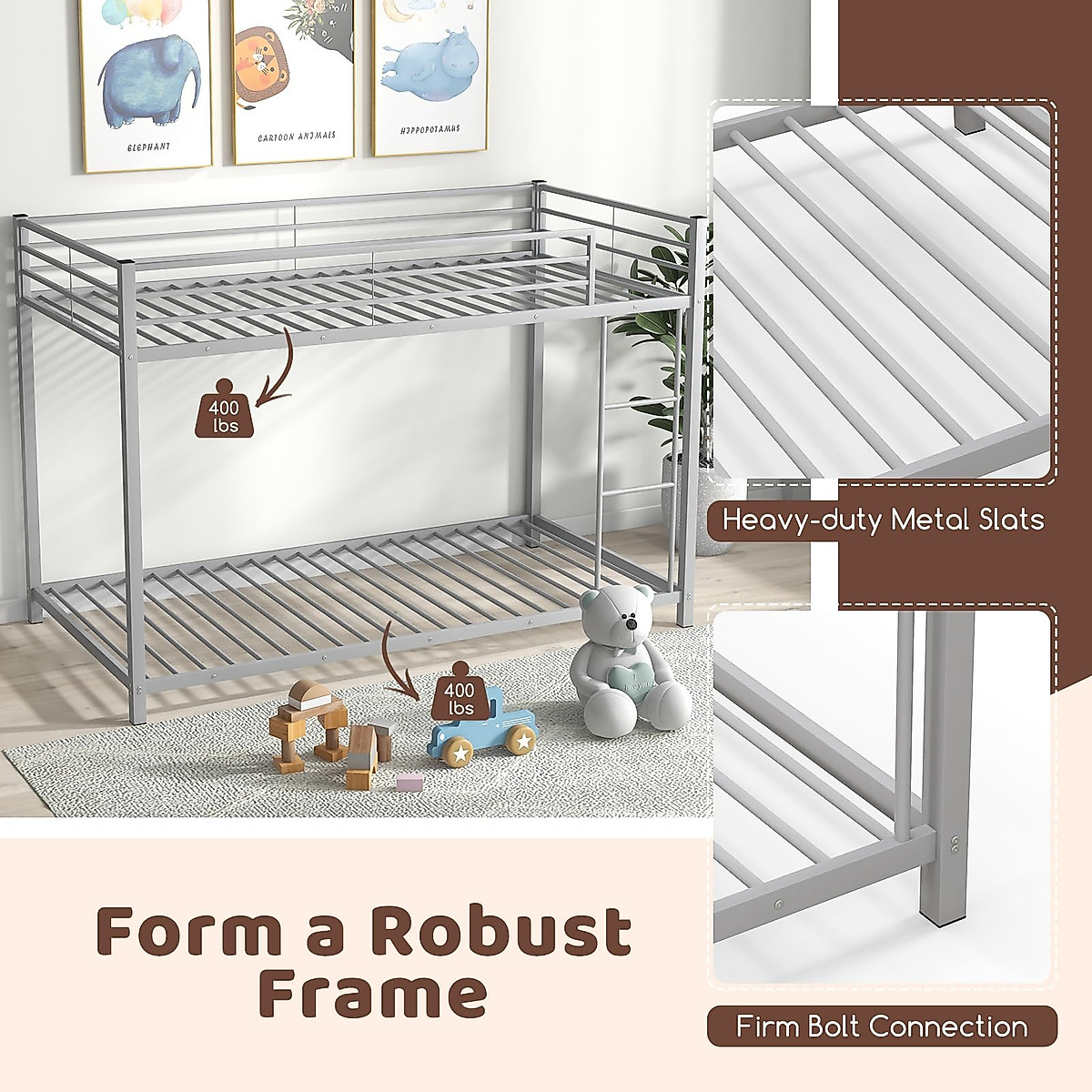 Giantex Twin Over Twin Metal Bunk Beds, Heavy Duty Bed Frame with Safety Guard Rail & Ladder, Low Floor Bunk Bed for Boys Girls Adults Dormitory Bedroom, Noise Free, No Box Spring Needed (Silver)