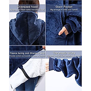Wearable Blanket Hoodie for Adult Women Men - Oversized Hooded Blanket Sweatshirt with Giant Pocket and Elastic Sleeve (Navy Blue-Long)