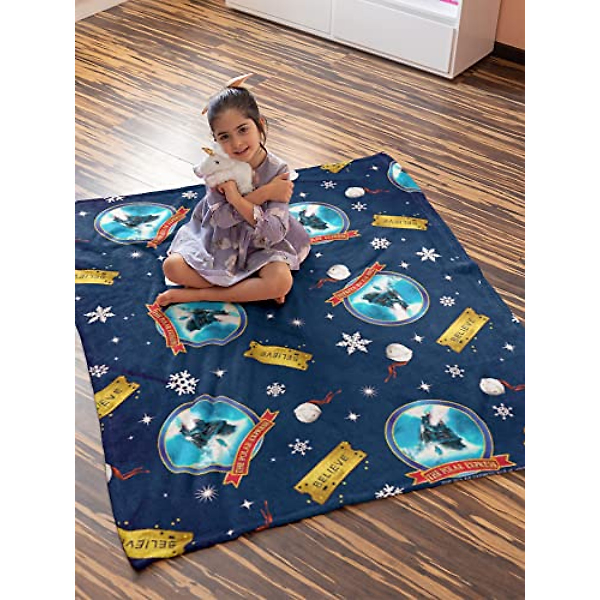 INTIMO The Polar Express Train Believe Golden Ticket Allover Print Fleece Sherpa Throw Blanket