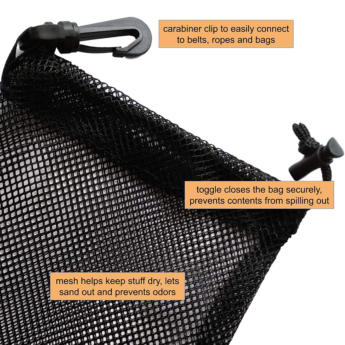 PALTERWEAR Mesh Drawstring Bag With Clip and Toggle Closure - For Watersports, Outdoor, Gym - Multi-Use Set of 4 (Black, 6 x 8 inch)